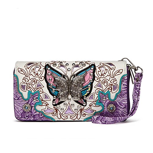 Western Style Spring Butterfly Flower Purse Women Country Handbag Rhinestone Stud Shoulder Bag Wallet Set (#2 Purple Set)