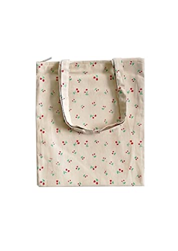 Caixia Women's Cute Cherry Print Canvas Tote Shopping Bag Beige, Zip Closure, Medium