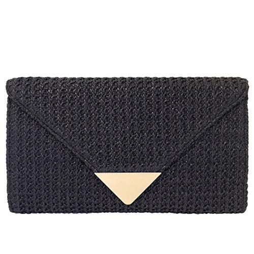 JNB Natural Straw Clutch, Black Medium