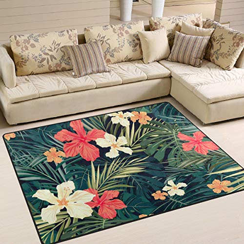 ALAZA Tropical Palm Tree Leaves Hibiscus Flowers Area Soft Non Slip Floor Mat Washable Carpet for Bedroom Living Room 1 Piece 4x5 Feet