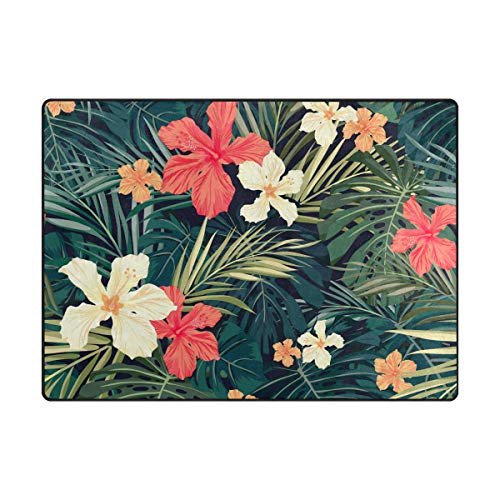 ALAZA Tropical Palm Tree Leaves Hibiscus Flowers Area Soft Non Slip Floor Mat Washable Carpet for Bedroom Living Room 1 Piece 4x5 Feet