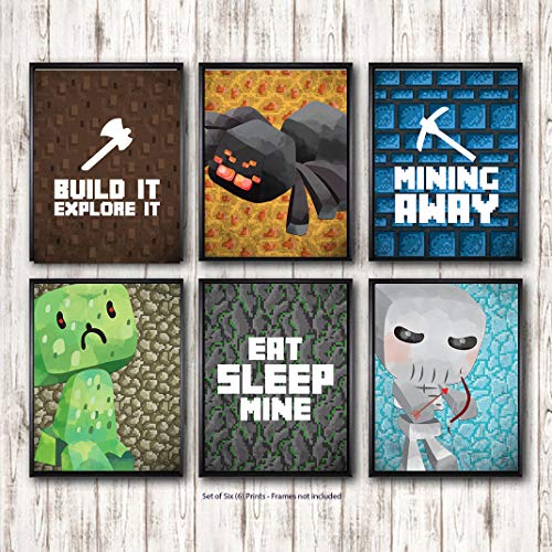 Mining Away - Pixel Video Game Craft Miners Room Wall Hanging Art Prints Decor Poster Sign Pictures Bedroom (Set of Six)