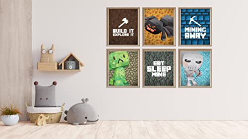 Mining Away - Pixel Video Game Craft Miners Room Wall Hanging Art Prints Decor Poster Sign Pictures Bedroom (Set of Six)