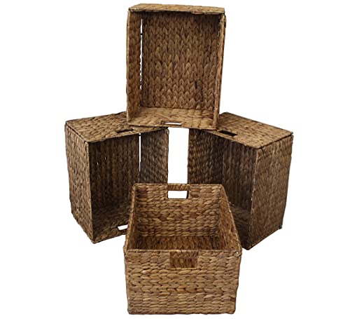 eHemco Rectangular Water Hyacinth Wicker Storage Baskets with Iron Wire Frame, Natural, Set of 4