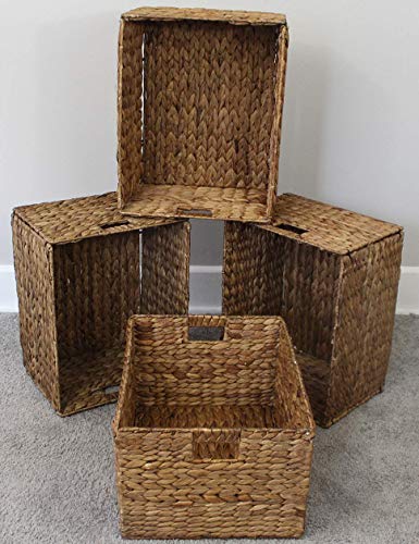 eHemco Rectangular Water Hyacinth Wicker Storage Baskets with Iron Wire Frame, Natural, Set of 4