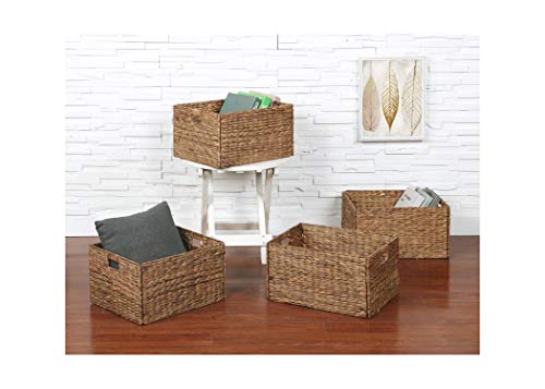 eHemco Rectangular Water Hyacinth Wicker Storage Baskets with Iron Wire Frame, Natural, Set of 4