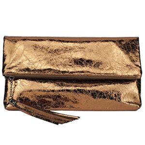 jnb women’s cracked metallic fabric foldover clutch with tassel, bronze