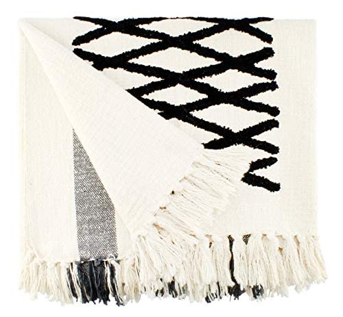 AuldHome Design Boho Farmhouse Throw, Black and Off White 50 x 60 Inch Striped Blanket