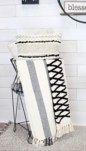 AuldHome Design Boho Farmhouse Throw, Black and Off White 50 x 60 Inch Striped Blanket