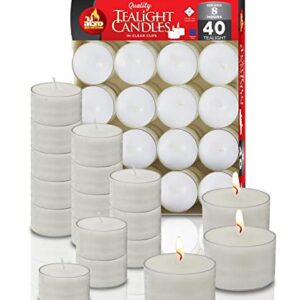 Ner Mitzvah Long Burning Tealight Candles - 8 Hours - White in Clear Cups - Unscented - 40 Pack - Made in EU