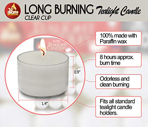 Ner Mitzvah Long Burning Tealight Candles - 8 Hours - White in Clear Cups - Unscented - 40 Pack - Made in EU