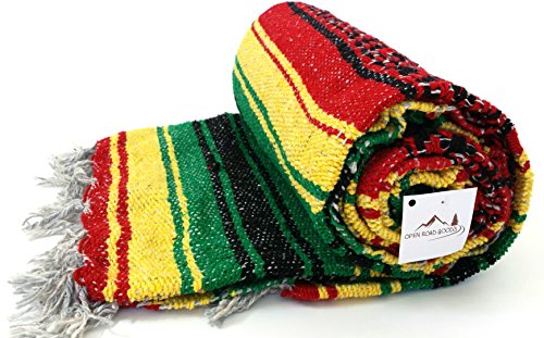 Open Road Goods Rasta Blanket or Hippie Blanket - Traditional Mexican Blanket/Mexican Falsa Blanket in Rasta Colors