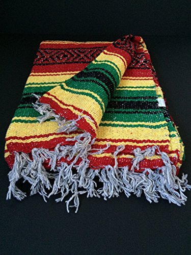 Open Road Goods Rasta Blanket or Hippie Blanket - Traditional Mexican Blanket/Mexican Falsa Blanket in Rasta Colors