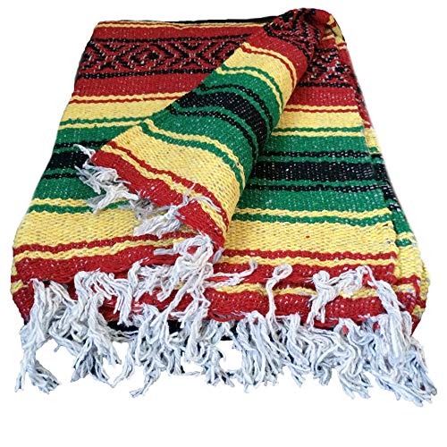 Open Road Goods Rasta Blanket or Hippie Blanket - Traditional Mexican Blanket/Mexican Falsa Blanket in Rasta Colors