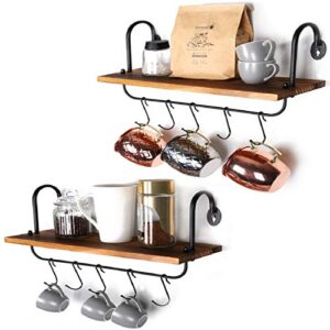 olakee floating wall shelves for kitchen bathroom coffee nook with 10 adjustable hooks for mugs cooking utensils or towel rustic storage shelves set of 2/17×5.9 inch (carbonized black)