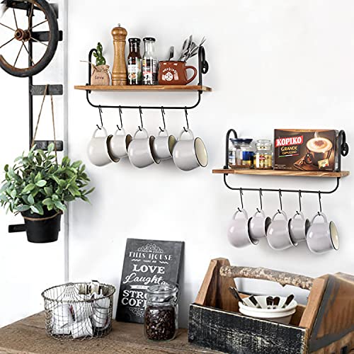 Olakee Floating Wall Shelves for Kitchen Bathroom Coffee Nook with 10 Adjustable Hooks for Mugs Cooking Utensils or Towel Rustic Storage Shelves Set of 2/17x5.9 inch (Carbonized Black)