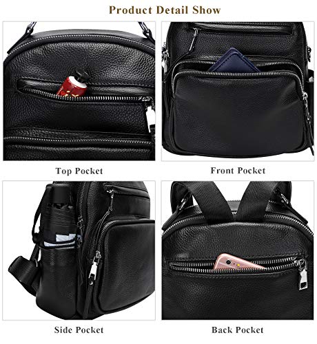 ALTOSY Genuine Leather Backpack for Women Small Convertible Backpack Purse Ladies Shoulder Bag 4 in 1 to Carry (S71 Black)