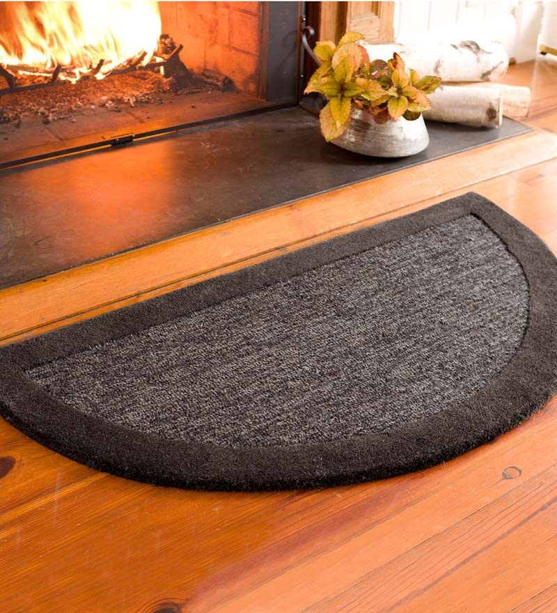 Plow & Hearth Madrid 2'x4' Banded Half Round Fireproof Hearth Rug | Charcoal Brown | 100% Wool Fireplace Mat | Protect Home Décor Hardwood Floor and Carpet from Sparks and Embers Wood Stove