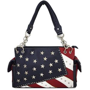 Western Cowgirl American Flag Stars and Stripes Rhinestone Women Leather Handbag Country Purses Wallet Set Red White Blue, Large