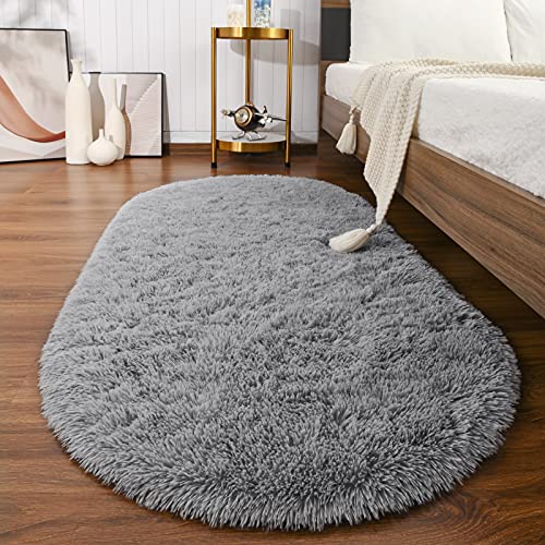 Softlife Fluffy Rugs for Bedroom, Shag Cute Area Rug for Girls and Kids Baby Room Home Decor, 2.6 x 5.3 Feet Oval Indoor Carpet for Nursery Dorm Living Room, Grey