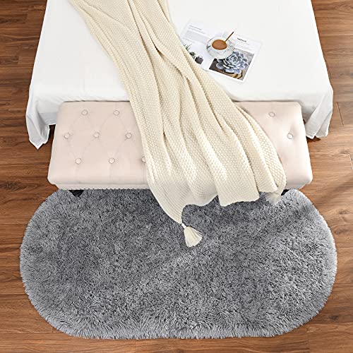 Softlife Fluffy Rugs for Bedroom, Shag Cute Area Rug for Girls and Kids Baby Room Home Decor, 2.6 x 5.3 Feet Oval Indoor Carpet for Nursery Dorm Living Room, Grey