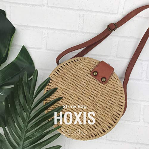 Round Straw Handwoven Shoulder Bag Women Cross body Bag for Summer Holiday (Brown)