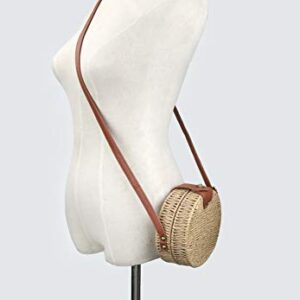 Round Straw Handwoven Shoulder Bag Women Cross body Bag for Summer Holiday (Brown)