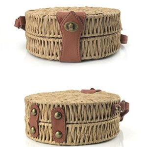 Round Straw Handwoven Shoulder Bag Women Cross body Bag for Summer Holiday (Brown)