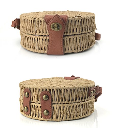 Round Straw Handwoven Shoulder Bag Women Cross body Bag for Summer Holiday (Brown)