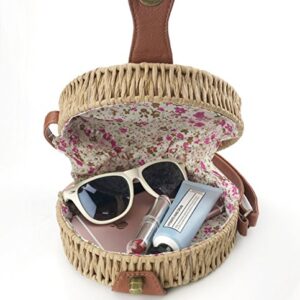 Round Straw Handwoven Shoulder Bag Women Cross body Bag for Summer Holiday (Brown)