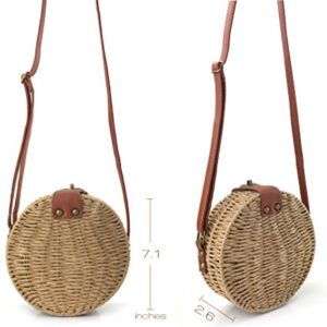 Round Straw Handwoven Shoulder Bag Women Cross body Bag for Summer Holiday (Brown)