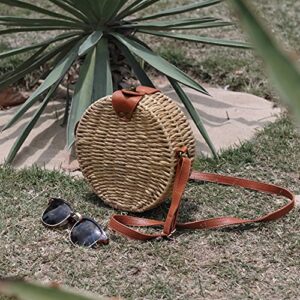 Round Straw Handwoven Shoulder Bag Women Cross body Bag for Summer Holiday (Brown)