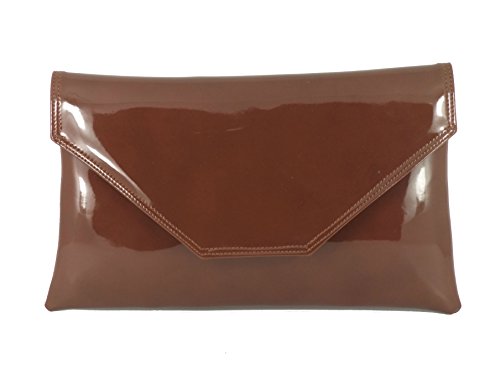 LONI Womens Stylish Large Envelope Patent Clutch Bag/Shoulder Bag Wedding Party Prom Bag in Cognac Brown