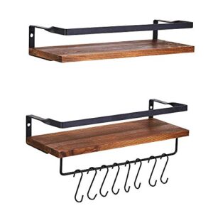 micup floating shelves wall mounted set of 2 rustic wood storage shelf for bathroom, bedroom, kitchen, living room (with removable hooks, dark brown)