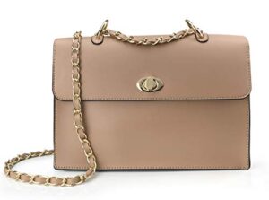 women chain shoulder handbag with turn lock minimalist flap top cross body bag purse (nude) medium