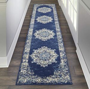 nourison grafix persian navy blue 2’3″ x 10′ area -rug, easy -cleaning, non shedding, bed room, living room, dining room, kitchen (2×10)