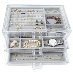 acrylic jewelry box 3 drawers, velvet jewellery organizer, earring rings necklaces bracelets display case gift for women, girls