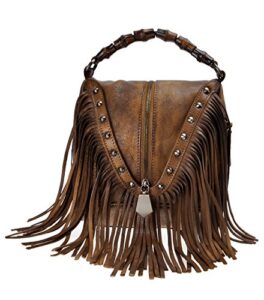 zlyc women’s leather bamboo hand strap featured fringe bohemian tassel studed cross body bag (brown)