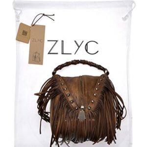 ZLYC Women's Leather Bamboo Hand Strap Featured Fringe Bohemian Tassel Studed Cross Body Bag (Brown)