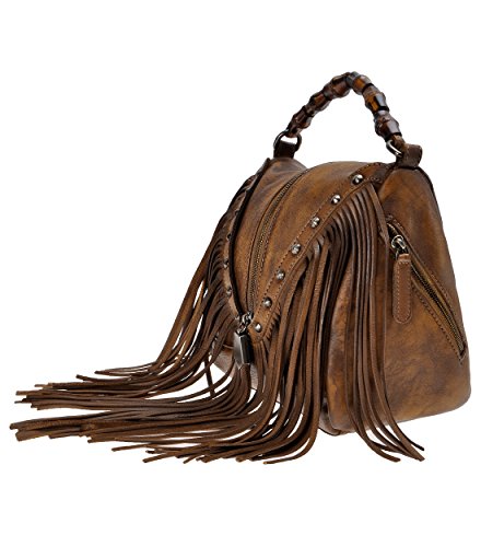 ZLYC Women's Leather Bamboo Hand Strap Featured Fringe Bohemian Tassel Studed Cross Body Bag (Brown)