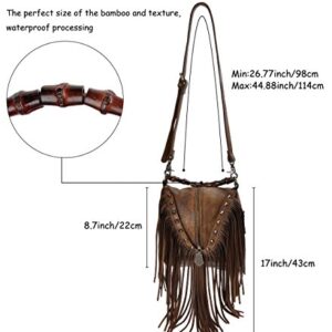 ZLYC Women's Leather Bamboo Hand Strap Featured Fringe Bohemian Tassel Studed Cross Body Bag (Brown)