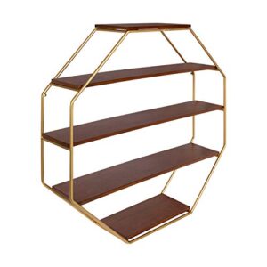 kate and laurel lintz large octagon shaped floating wood book shelves for decorative wall storage, gold metal frame with walnut brown finished shelves