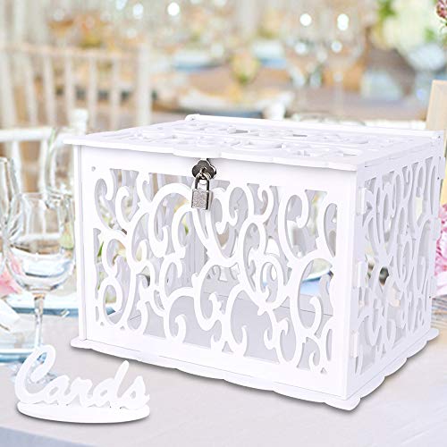 OurWarm Wedding Card Box PVC Hollow Wedding Envelope Box with Lock and Card Sign, Upgraded Security Money Box Gift Card Box for Wedding Reception Birthday Baby Shower Graduation Party Supplies