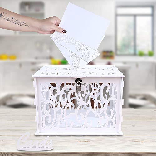 OurWarm Wedding Card Box PVC Hollow Wedding Envelope Box with Lock and Card Sign, Upgraded Security Money Box Gift Card Box for Wedding Reception Birthday Baby Shower Graduation Party Supplies