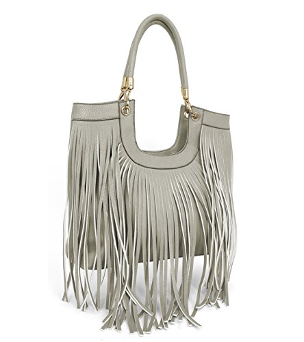 Beaute Bags Maddee Fringe Tassel Shoulder Handbag Vegan Leather (Pewter)