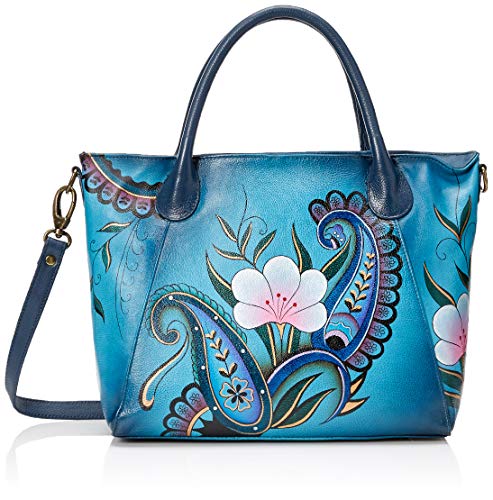 Anna by Anuschka Women's Genuine Leather Large Slouch Tote Bag | Hand Painted Original Artwork | Denim Paisley Floral