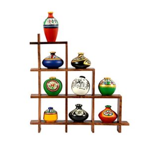 ExclusiveLane Warli Hand-Painted 9 Small Sized Terracotta Pots with Sheesham Wooden Frame | Wooden Wall Shelves with Mini Pots for Home Décor, Office, Bedroom, Living Room (Set of 9 Mini Pots)