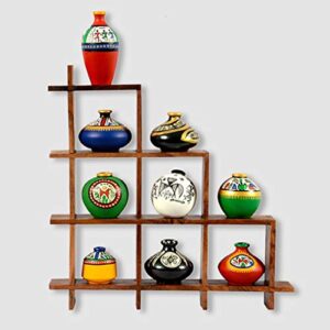 ExclusiveLane Warli Hand-Painted 9 Small Sized Terracotta Pots with Sheesham Wooden Frame | Wooden Wall Shelves with Mini Pots for Home Décor, Office, Bedroom, Living Room (Set of 9 Mini Pots)