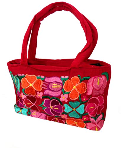 Mexican Embroidered Flowers Purse Medium 14"x10" (Red)