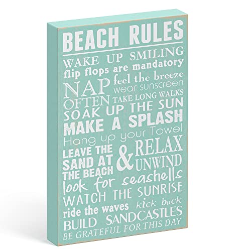 Barnyard Designs 'Beach Rules' Wooden Box Sign Motivational Desk Decor, Primitive Decor Office Desk Decorations for Women Office Bathroom Shelf Decor, Inspirational Desk Decor, 8x12